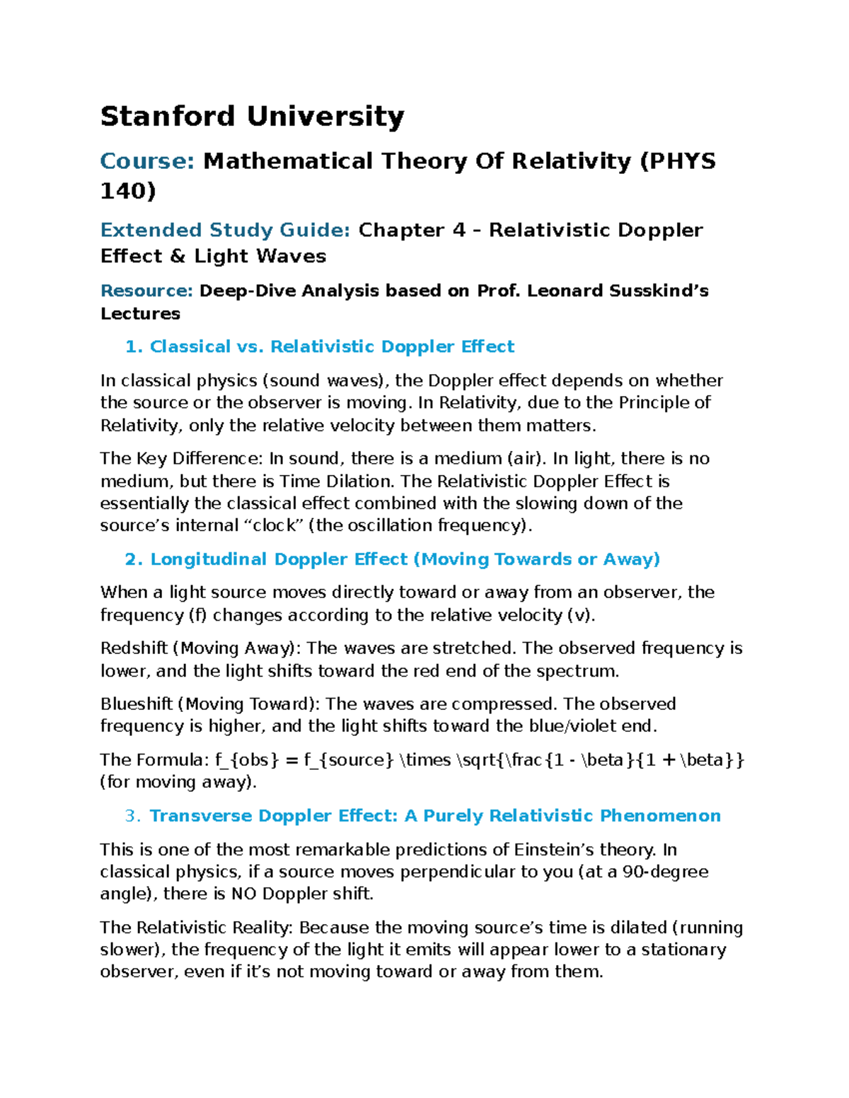 PHYS 140 Extended Study Guide: Ch 4 Relativistic Doppler Effect - Studocu