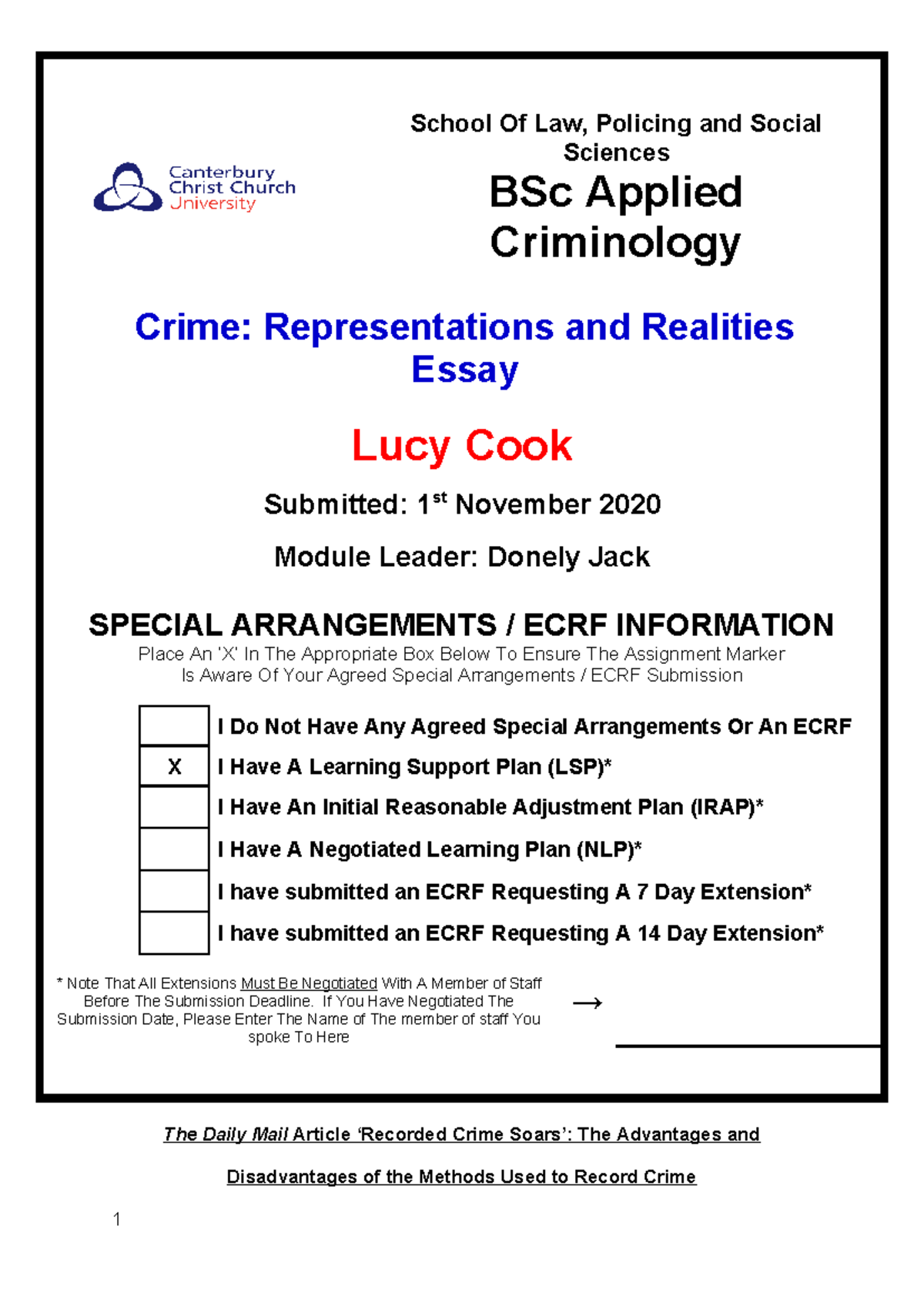 BSc Applied Criminology: Crime Representations & Realities Essay - Studocu