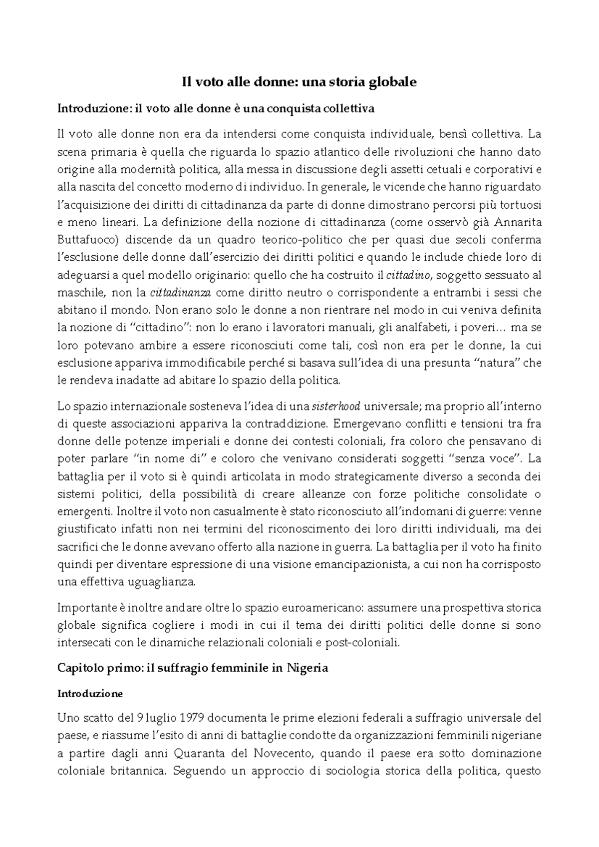 Saggio di Storia Contemporanea: Il Voto alle Donne nel Mondo - Studocu
