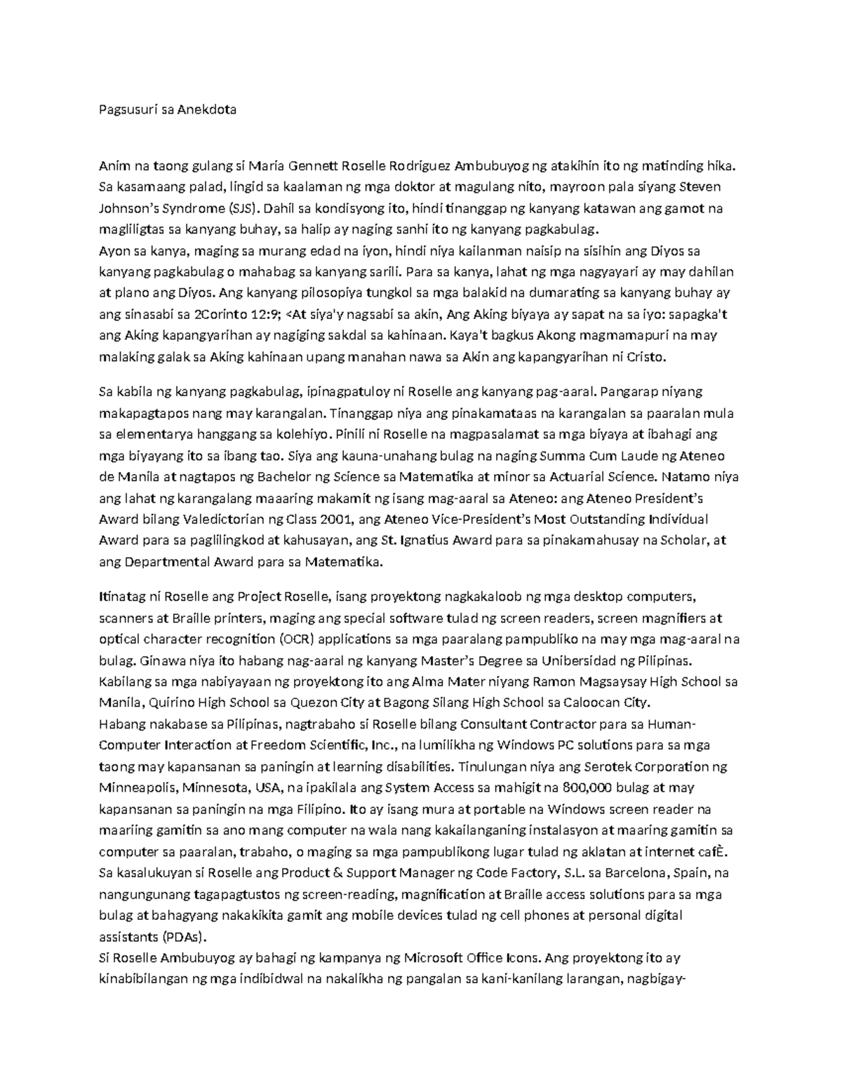 Anecdota - Essay - Pagsusuri sa Anekdota Anim na taong gulang si Maria ...
