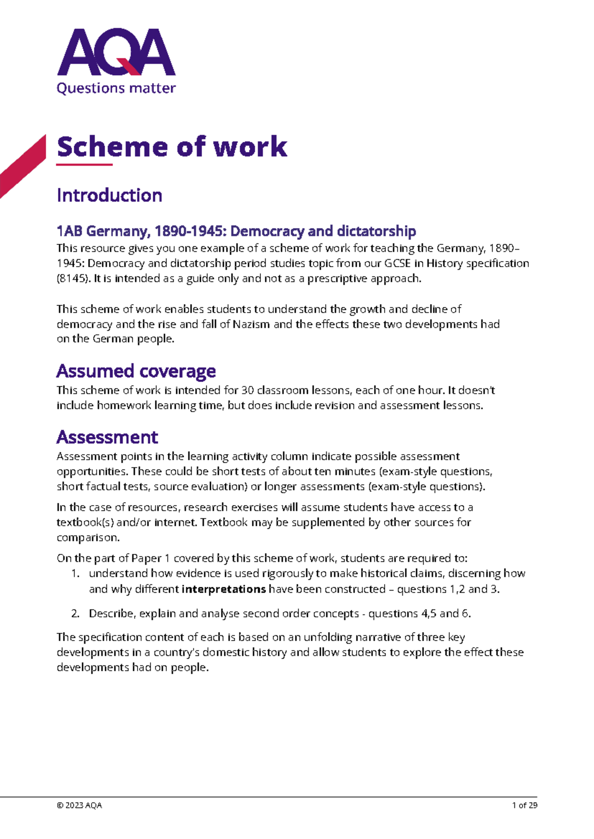 Germany 1890-1945: Scheme of Work for GCSE History (8145) - Studocu