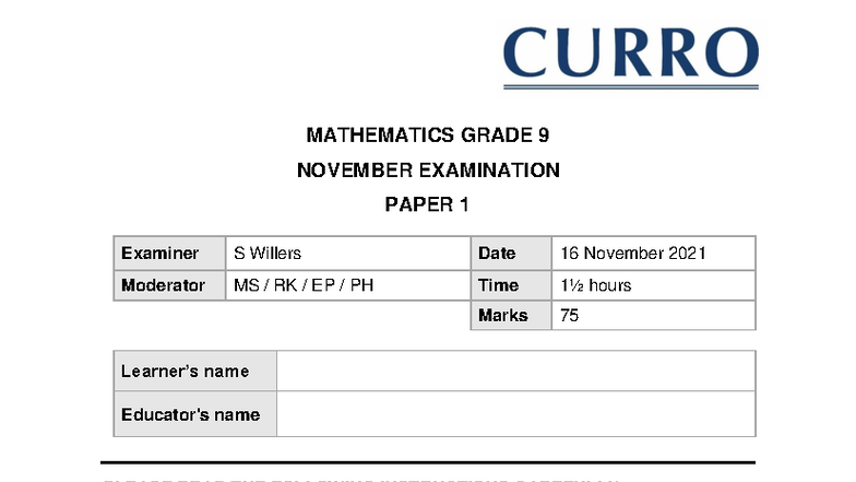 Math Gr 9 P1 Nov 2021 - Examination Paper 1 - Studocu