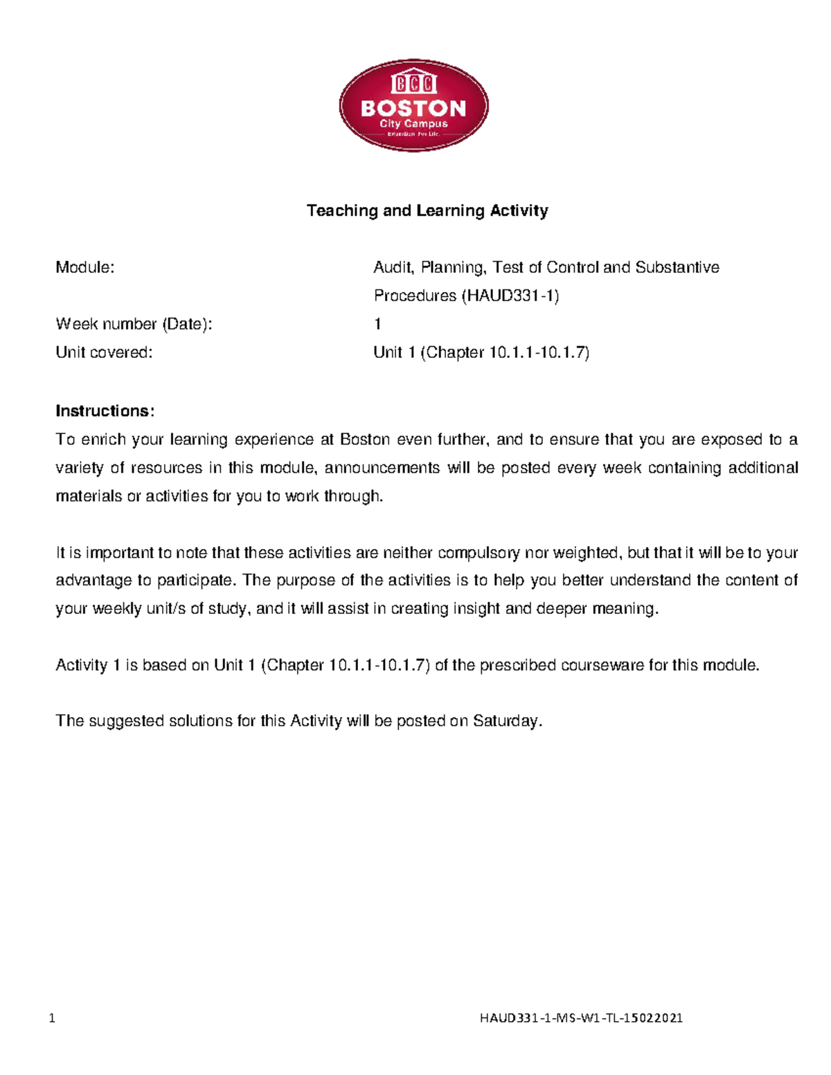 HAUD331-1-MS: Week 1 Teaching & Learning Activity - Unit 1 Audit ...