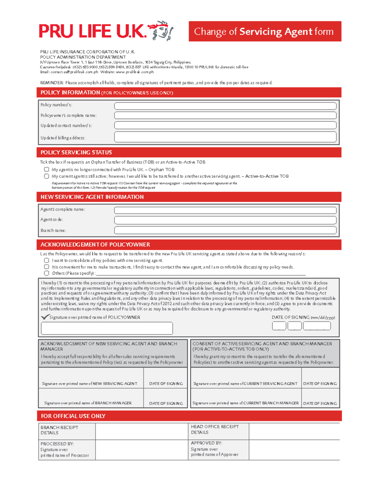 Change of Servicing Agent form - POLICY ADMINISTRATION DEPARTMENT 9/F ...