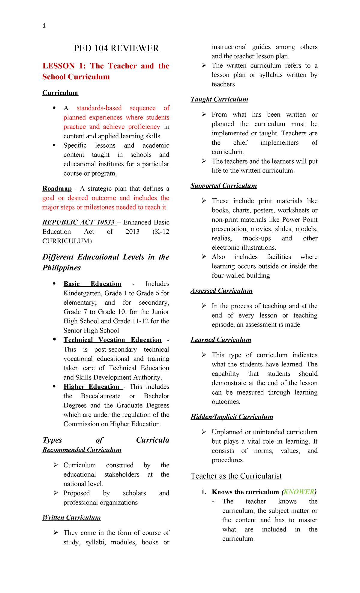 PED 104 Comprehensive Curriculum Review and Key Concepts - Studocu