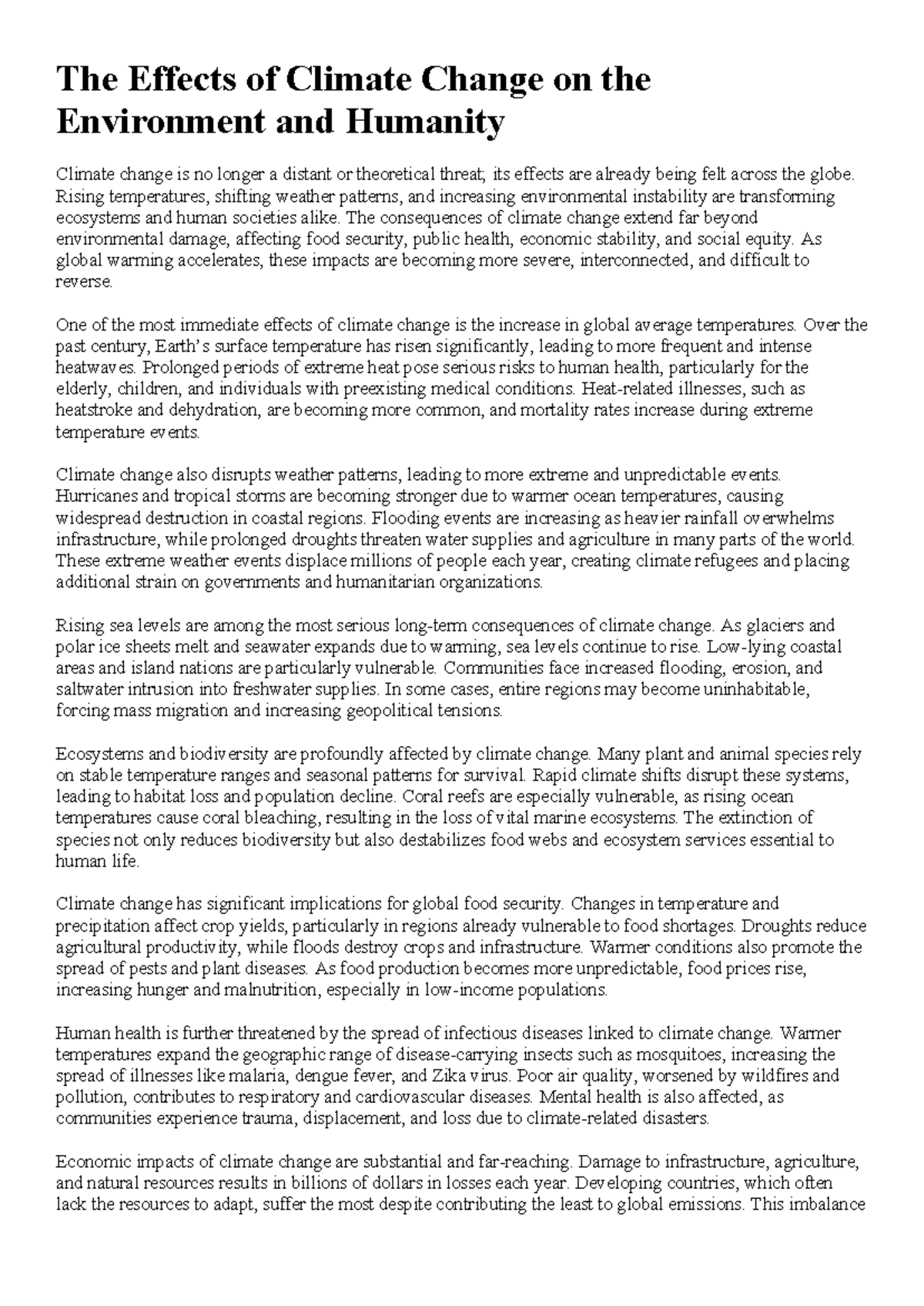 The Impacts of Climate Change on Environment & Humanity - Studocu