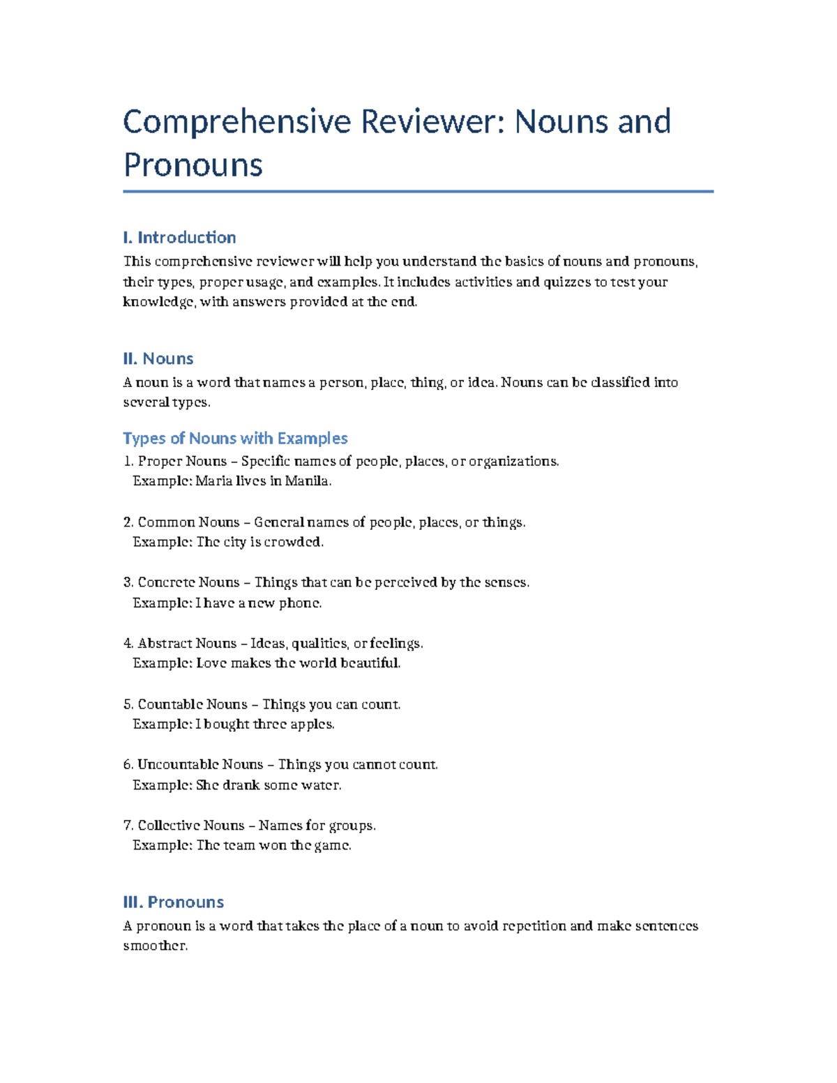 Comprehensive Reviewer: Nouns and Pronouns (ENG 101) - Studocu