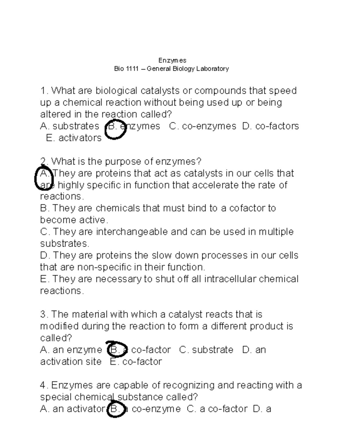 Enzymes II Homework - Enzymes Bio 1111 – General Biology Laboratory ...