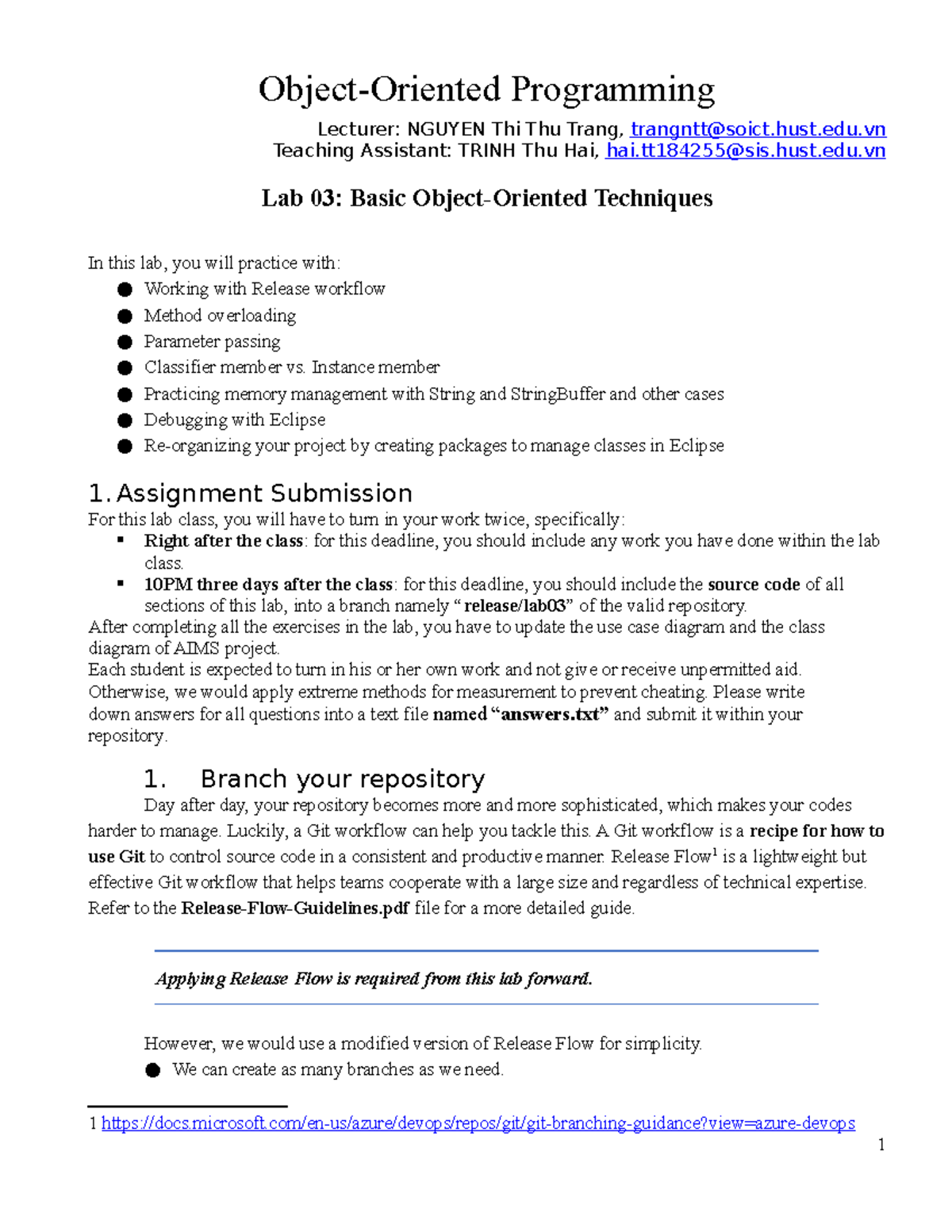 OOP-Lab03-Basic OOTechniques - Object-Oriented Programming Lecturer: NGUYEN Thi Thu Trang, - Studocu