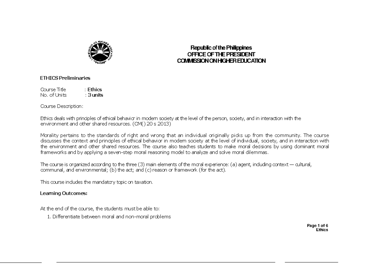 418651734 CHED NGEC Ethics Course Syllabus & Learning Guide - Studocu