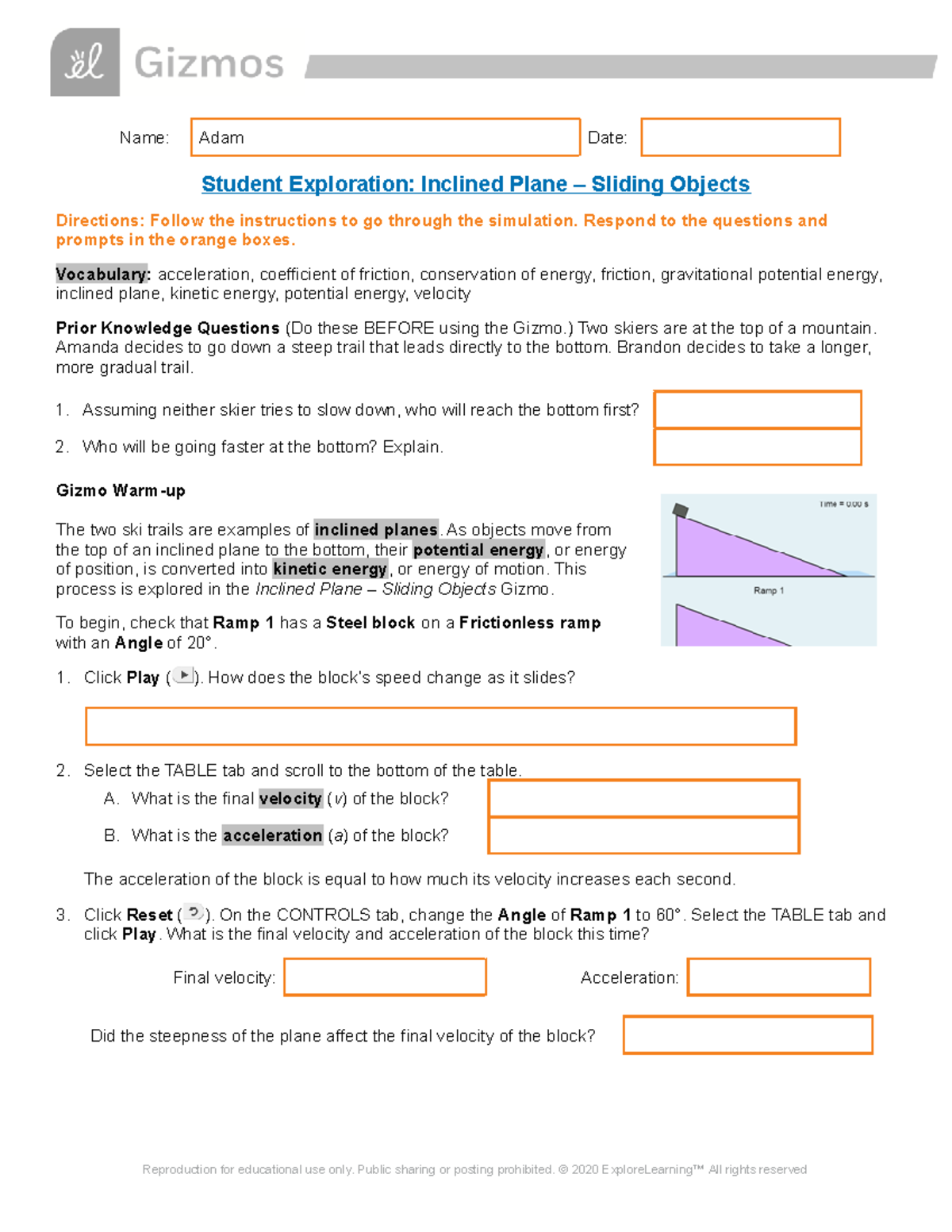 Inclined Plane Exploration: Sliding Objects Gizmo - Student Guide - Studocu
