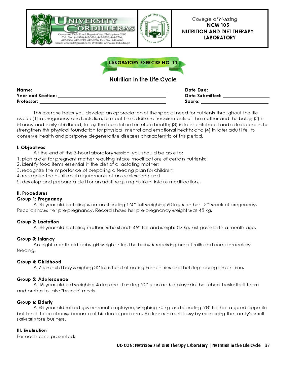 NCM 105: Lab Exercise 11 - Nutrition in the Life Cycle Analysis - Studocu