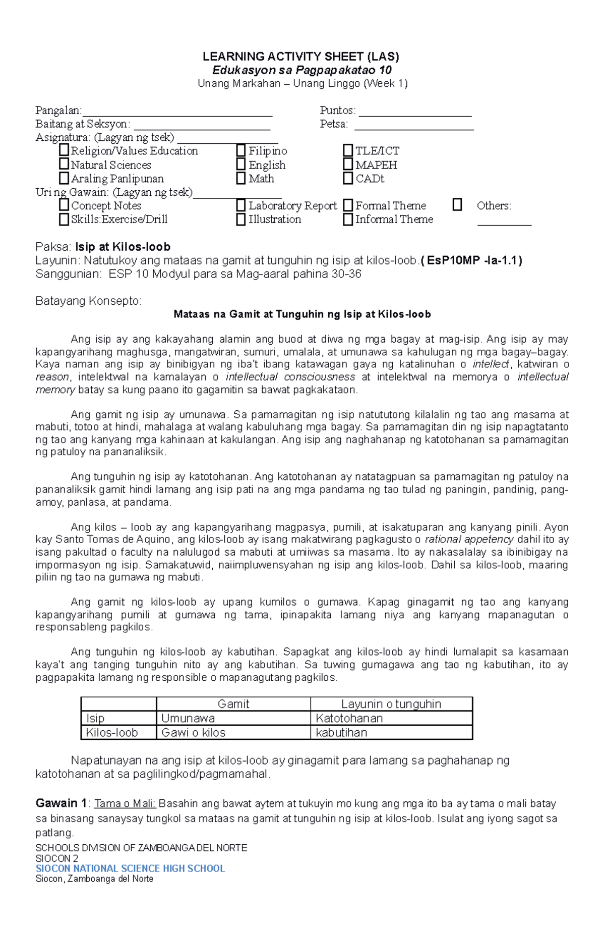 LAS 1: Pag-unawa sa Isip at Kilos-loob sa EsP 10 Unang Linggo - Studocu