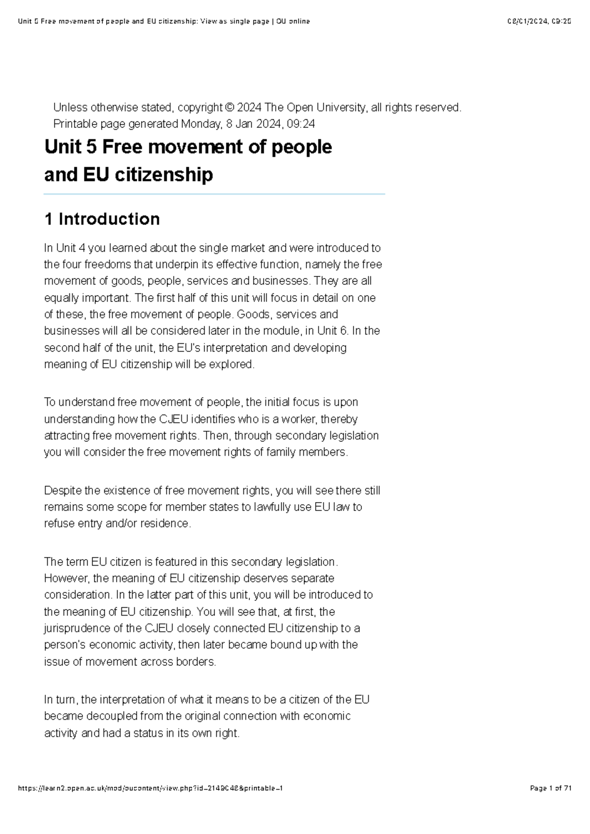 Unit 5 Free Movement of People and EU Citizenship Overview - OU Online ...
