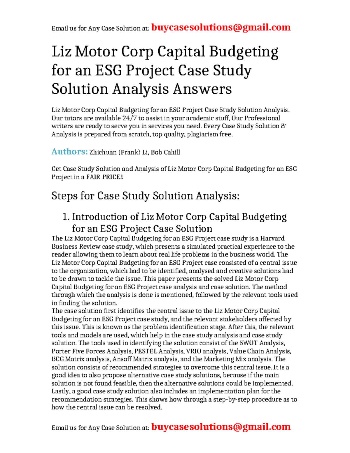 Case Study Solution: Capital Budgeting for ESG Project at Liz Motor ...