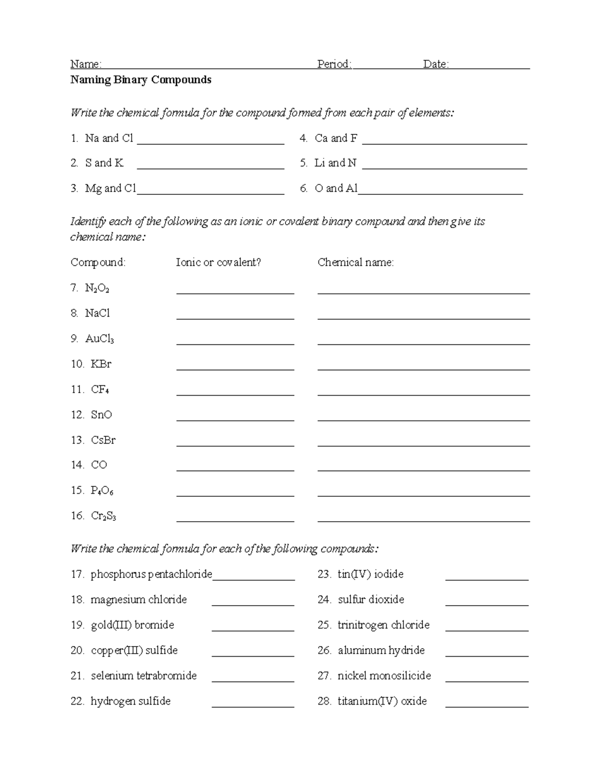 Naming Simple Binary Compounds Worksheet 1 Name Period Date Naming Binary Compounds Write