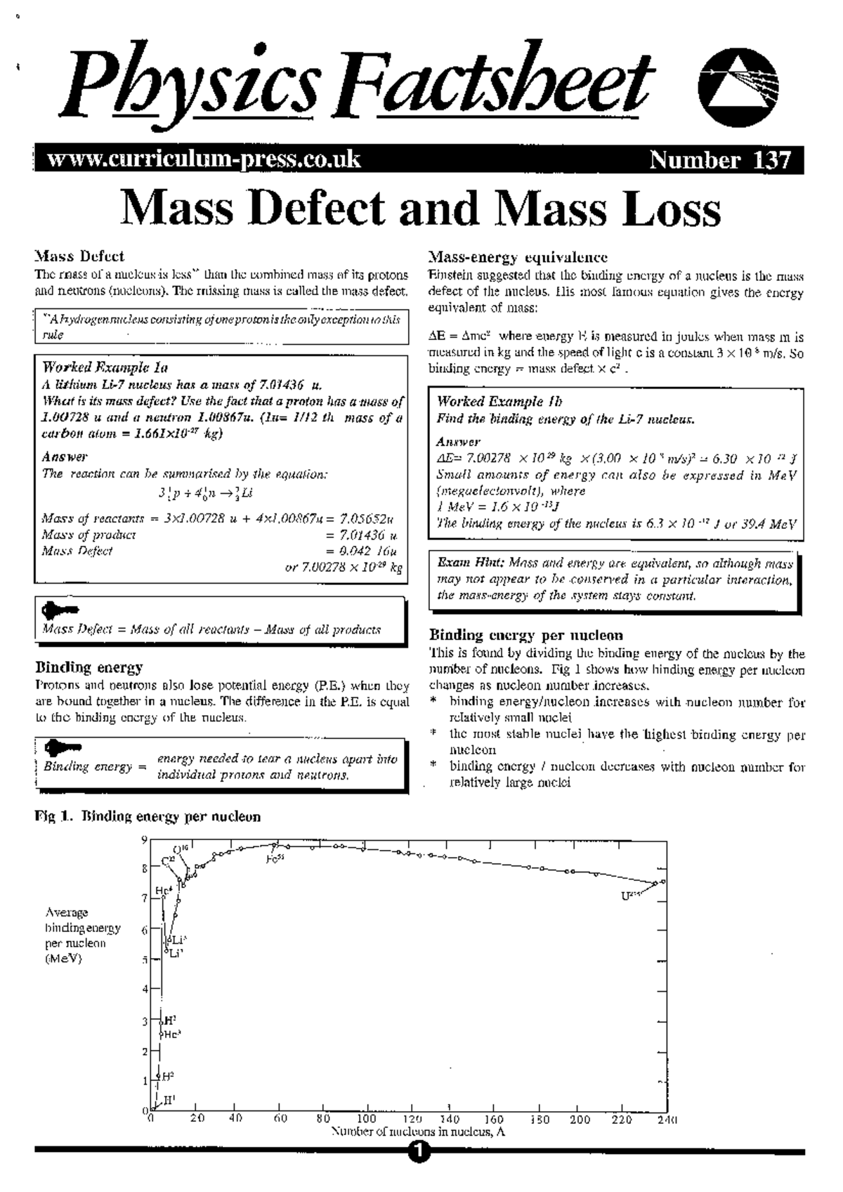 Radioactivity: Mass Defect - 8 Physics Factsheet L Number 137 Mass Defect and Mass Loss Mass ...