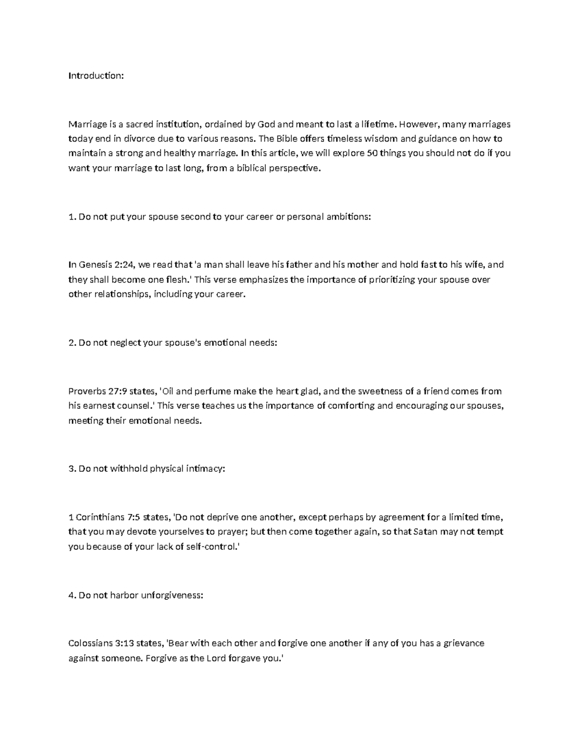 50 Things to Avoid for a Successful Marriage: Biblical Insights - Studocu