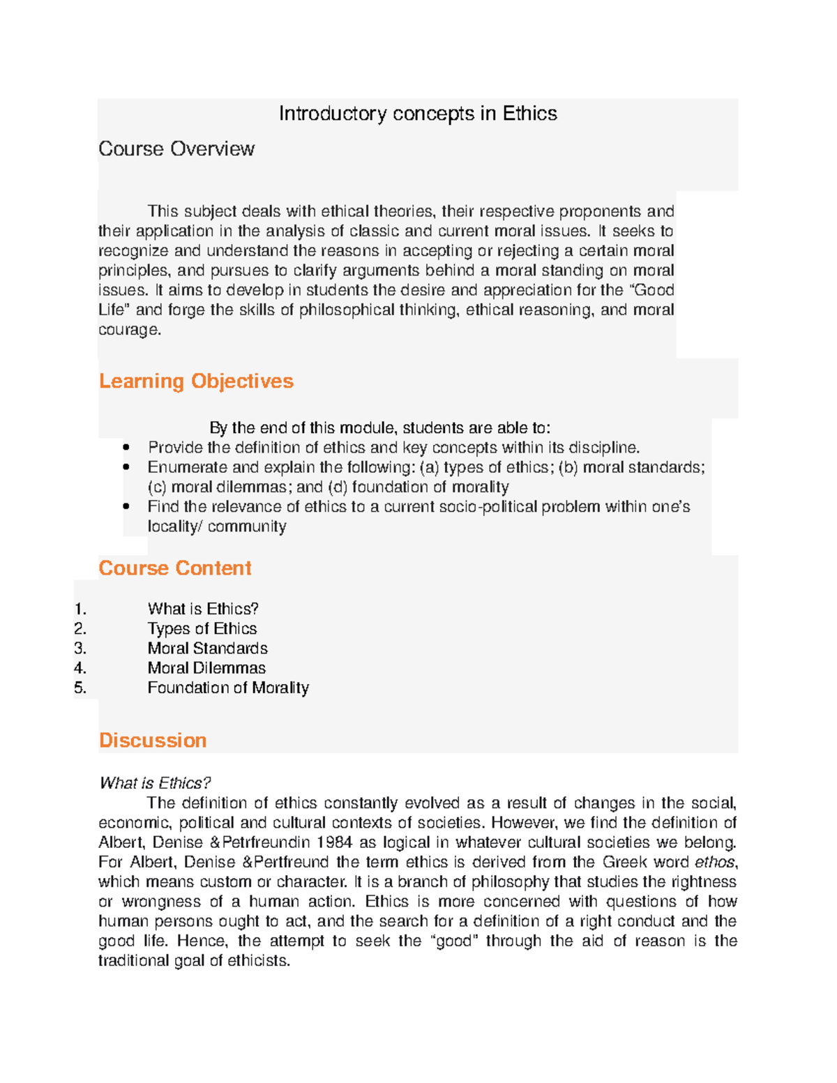 Module 1: The Introductory Concepts in Ethics - Introductory concepts ...