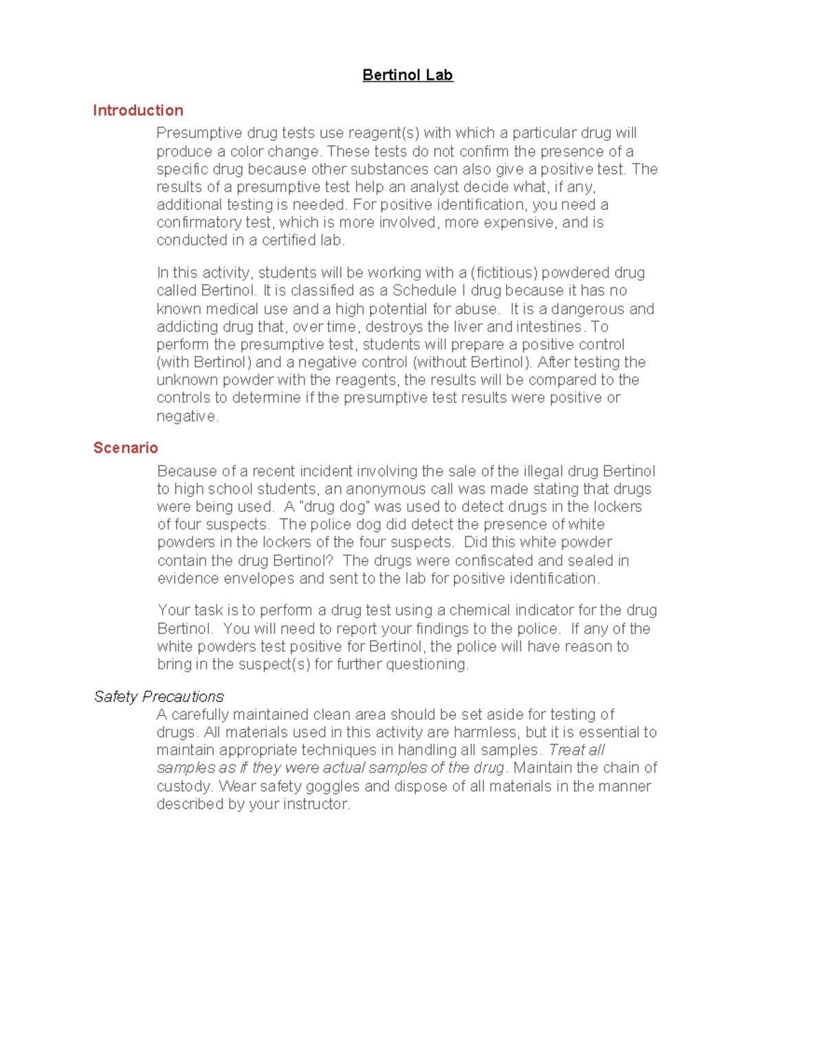 Bertinol Drug Testing Lab: Presumptive Analysis & Findings - Studocu