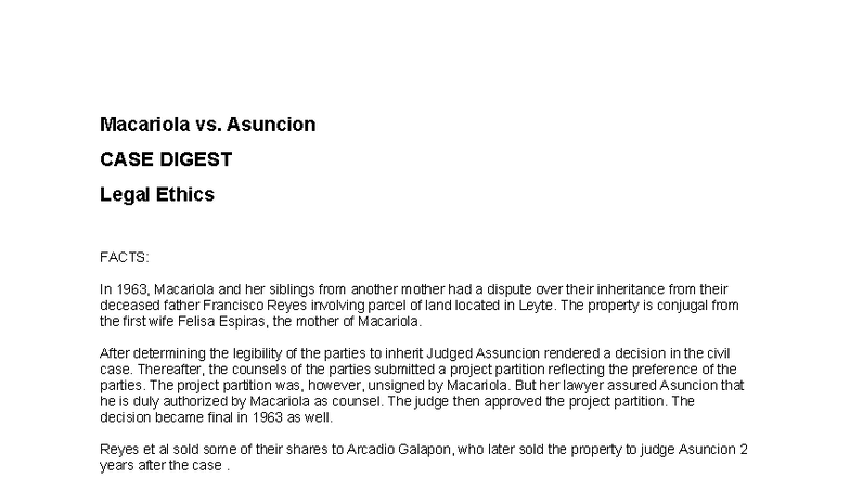 Macariola vs. Asuncion Legal Ethics Digest - Macariola vs. Asuncion ...