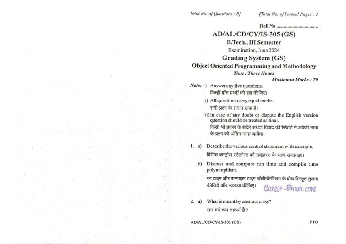 Object Oriented Programming and Methodology (GS) - Exam Questions June ...