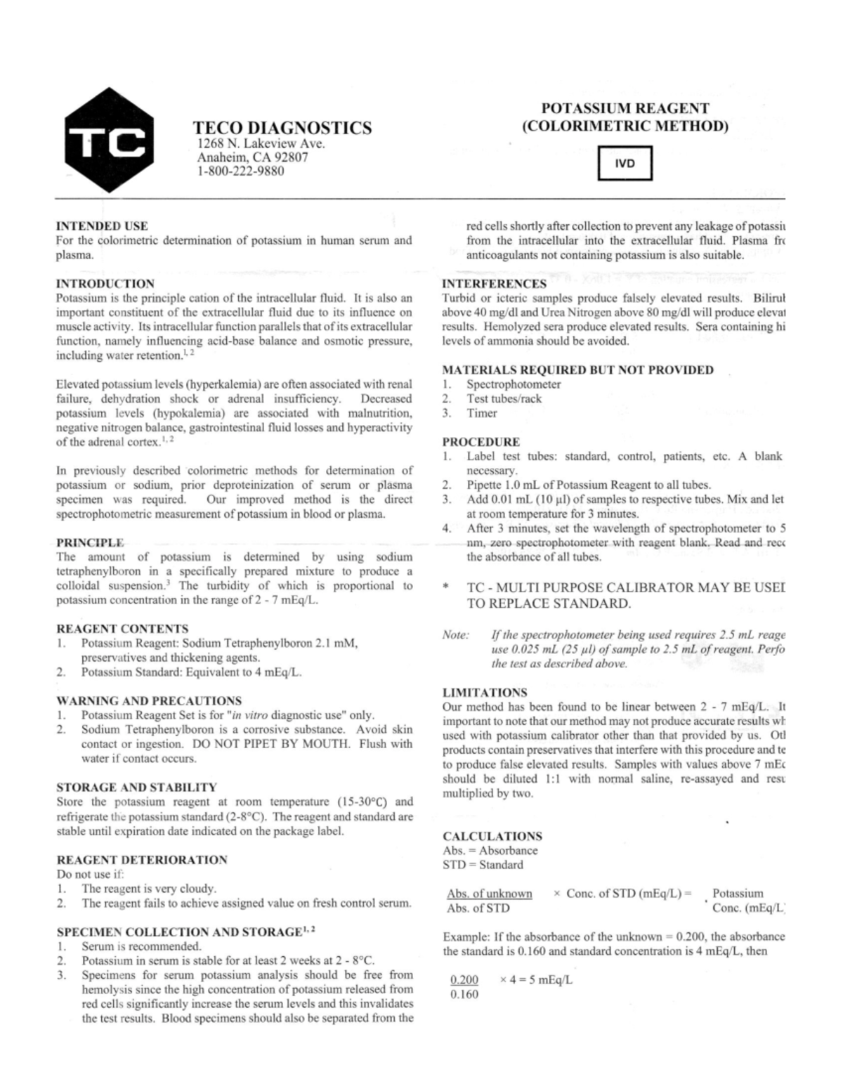 POTASSIUM COLORIMETRIC METHOD - TECO DIAGNOSTICS TC 1268 - Studocu