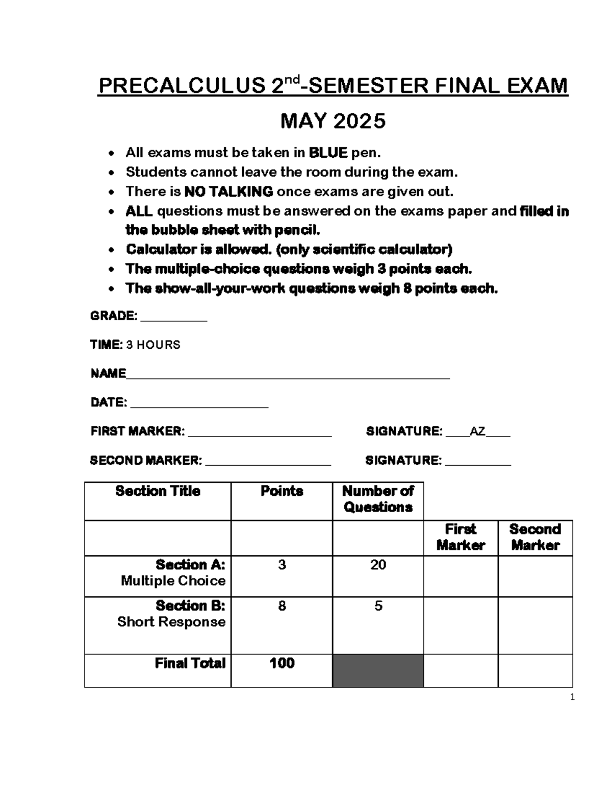 Precalculus Final Exam 12B, C, D - May 2025 Guidelines - Studocu