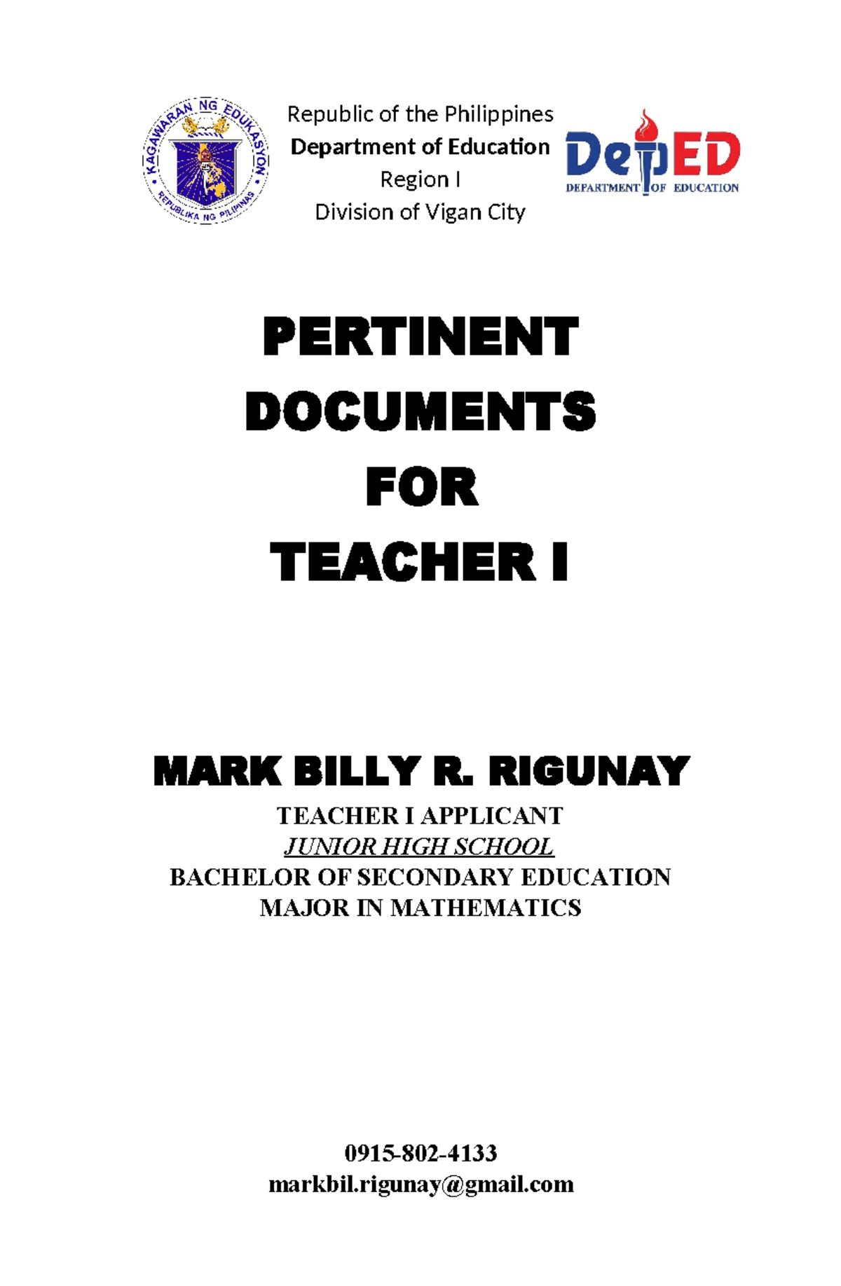 Pertinent Documents Checklist for Teacher I Applicants (0915-802) - Studocu
