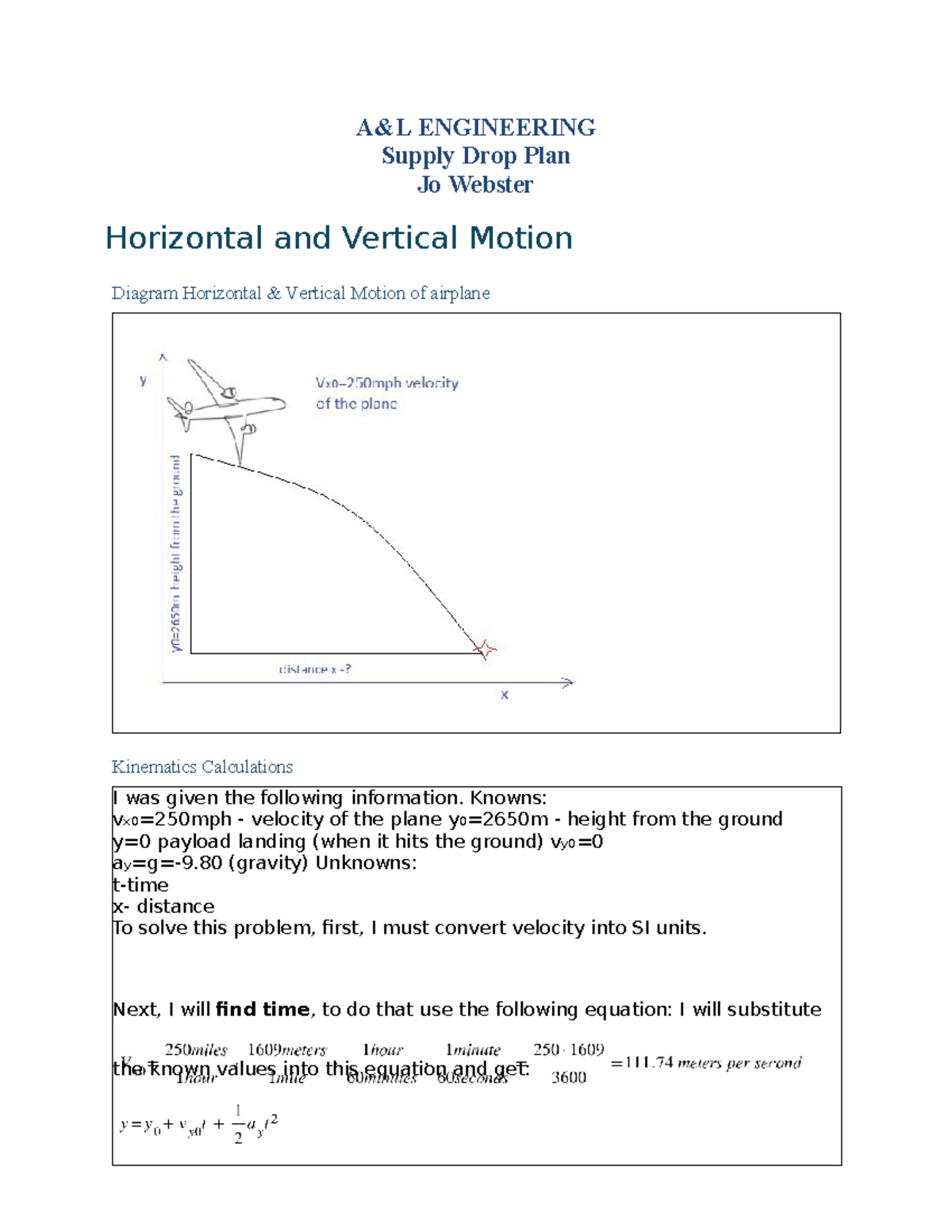 PHY 150 Project - Lab of phy 150 - A&L ENGINEERING Supply Drop Plan Jo Webster Horizontal and ...