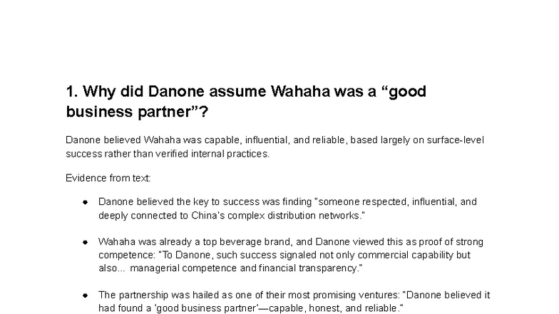 IJV Group 4 - Danone and Wahaha: Governance and Ethical Insights - Studocu