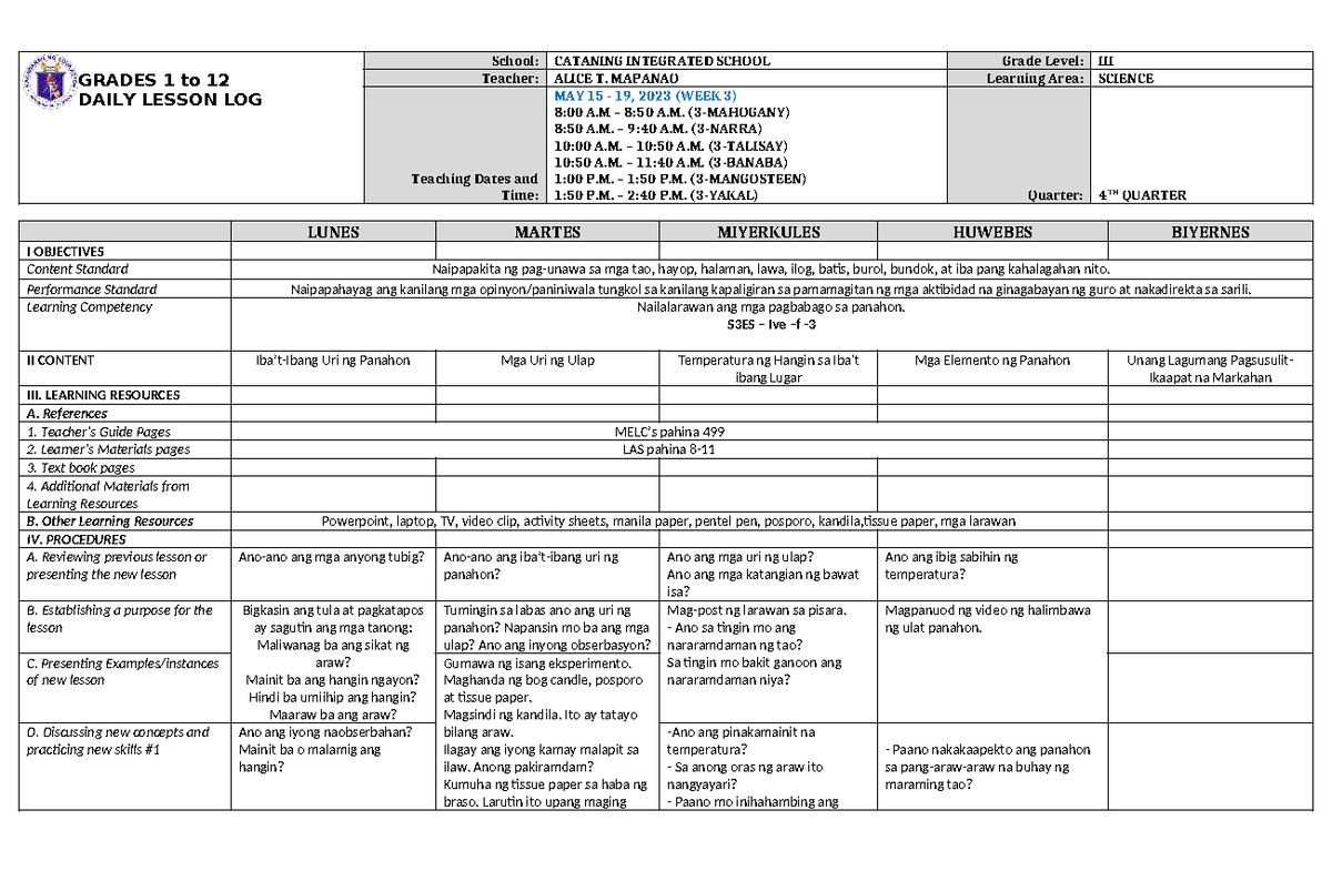 DLL Science 3 Q4 W3 - Daily Lesson Log and Teaching Activities - Studocu