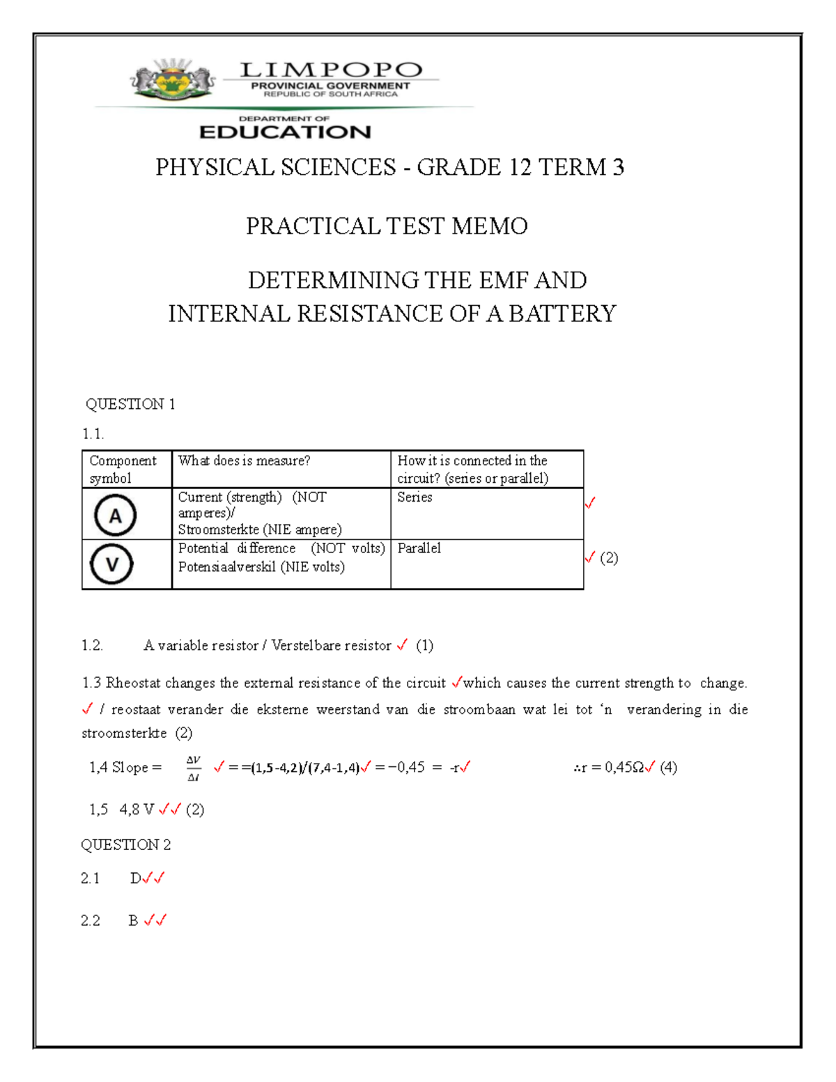 PHYSICAL SCIENCES GRADE 12 TERM 3 PRACTICAL TEST MEMO - Studocu