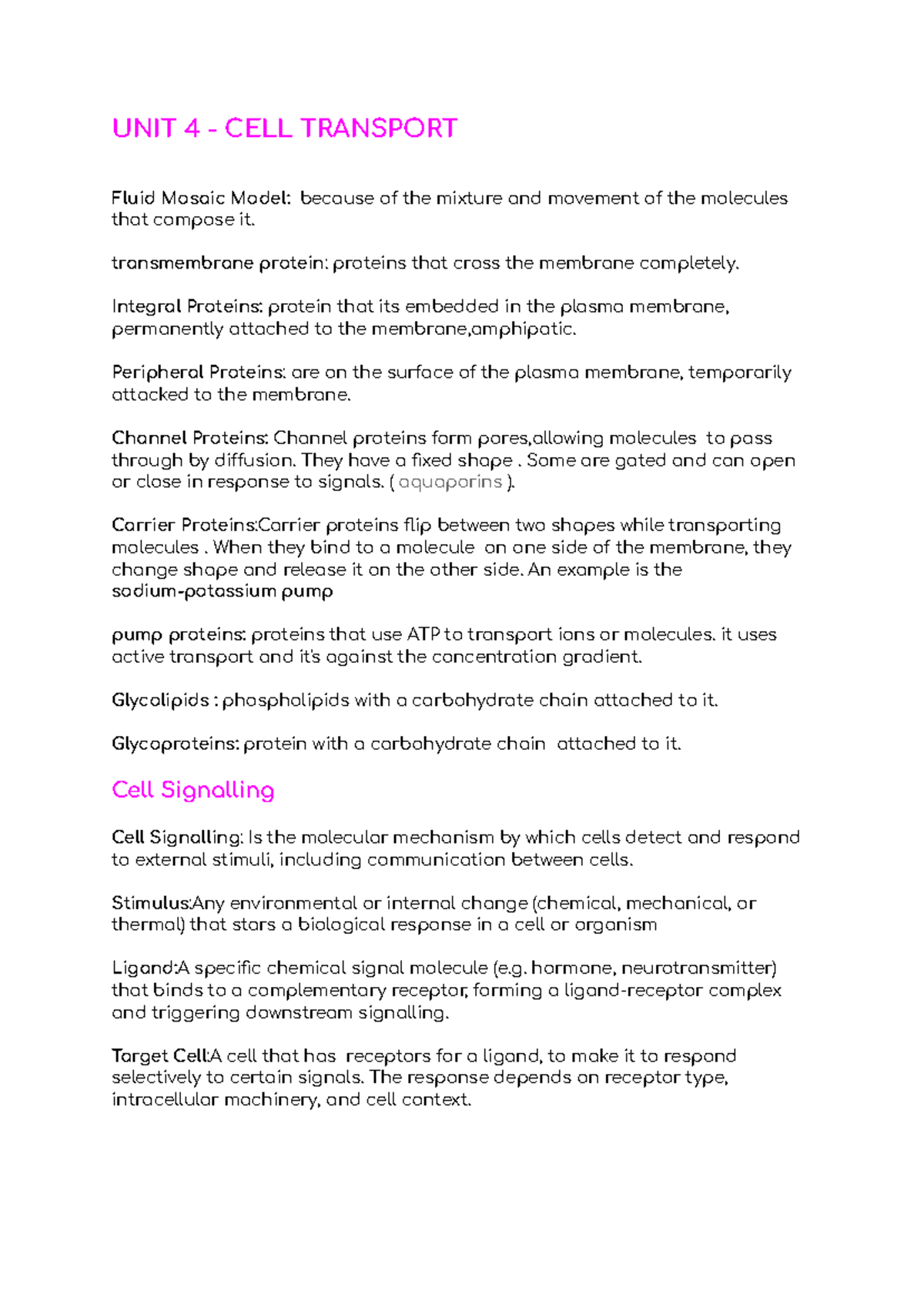 UNIT 4 - CELL TRANSPORT: Key Terms Overview per Syllabus Cambridge ...