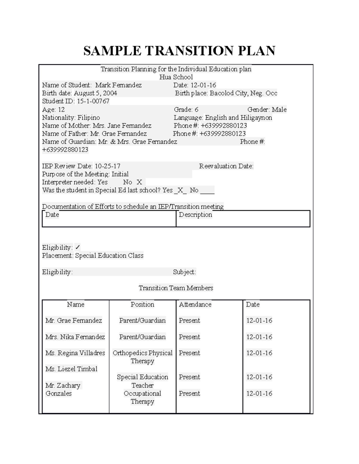 IEP Transition Plan Sample for Student Mark Fernandez - Studocu