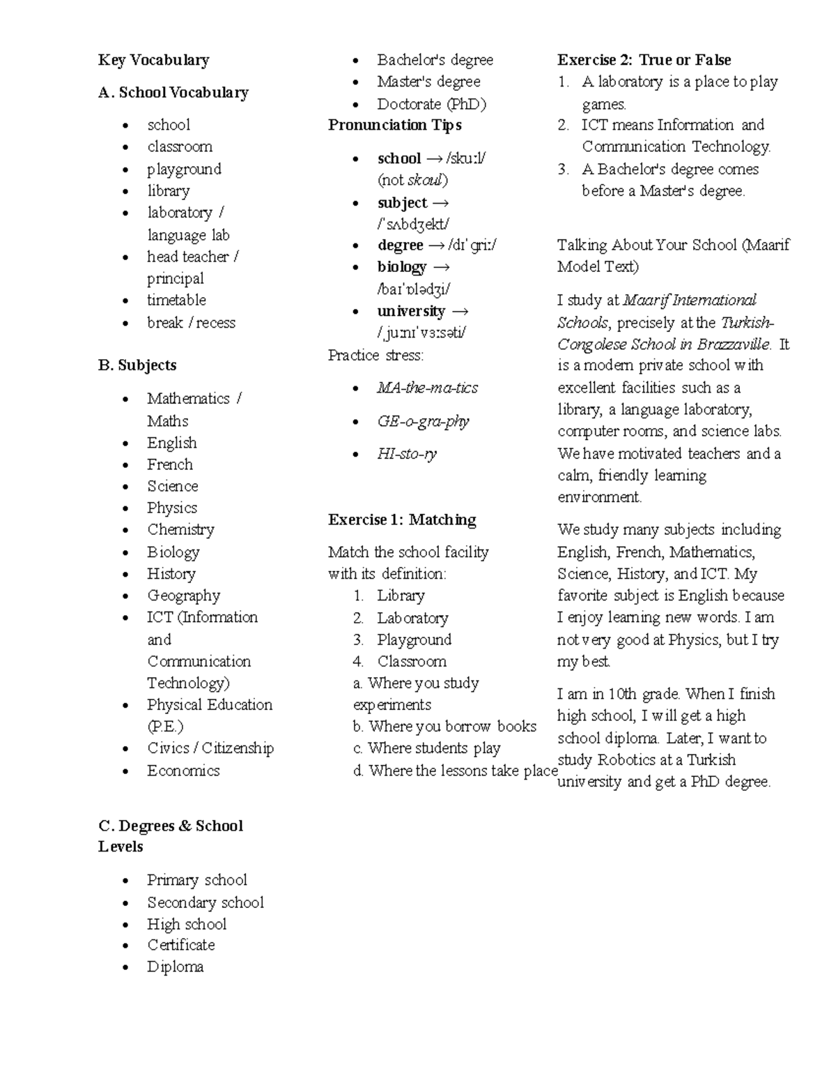 Talking About My School, Subjects, and Degrees - Vocabulary Guide - Studocu