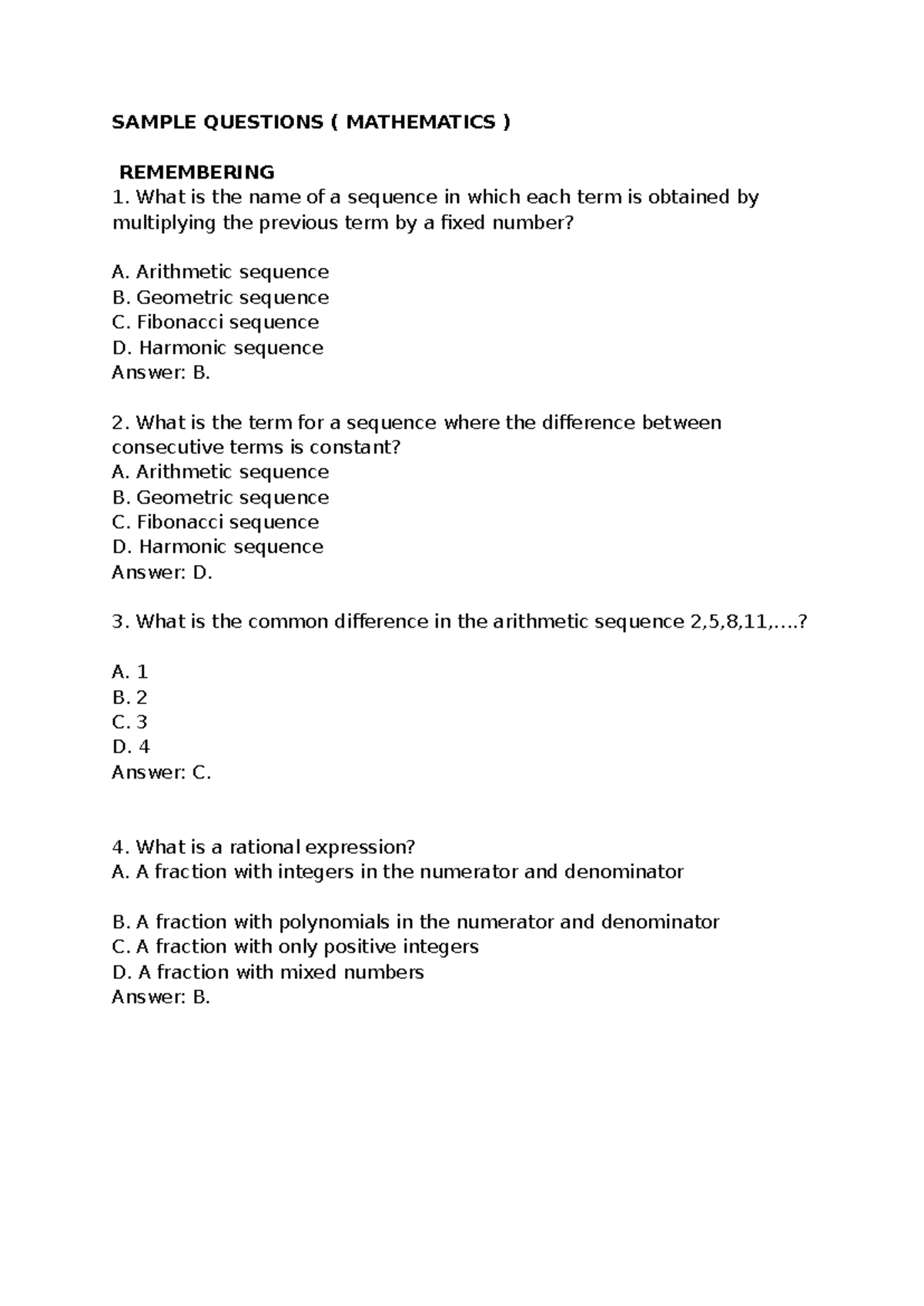Sample Questions - NID - SAMPLE QUESTIONS ( MATHEMATICS ) REMEMBERING ...