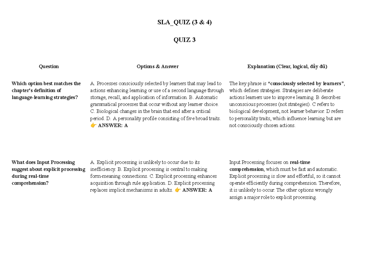 SLA QUIZ 3 & 4 - Strategies and Input Processing Explanations (DBA22 ...