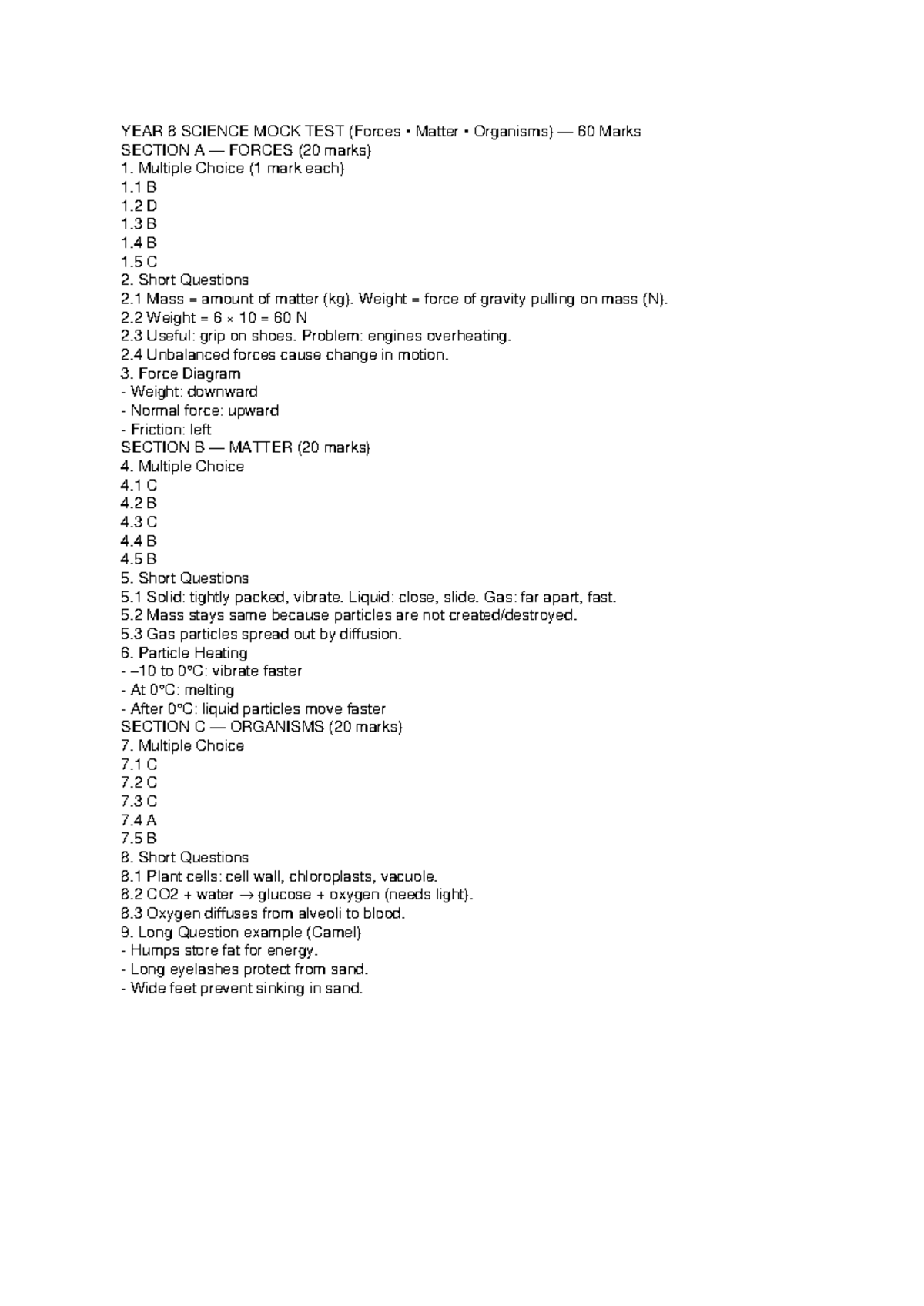 YEAR 8 SCIENCE MOCK TEST (Forces, Matter, Organisms) - Answers Included ...