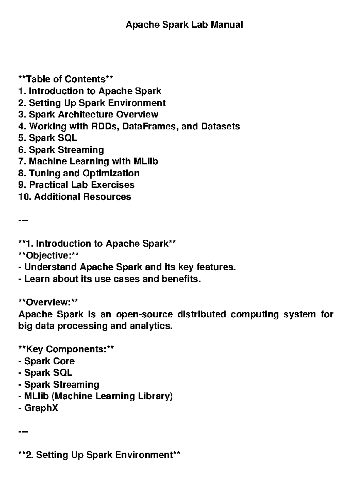 Apache Spark Lab Manual - Comprehensive Guide and Exercises - Studocu