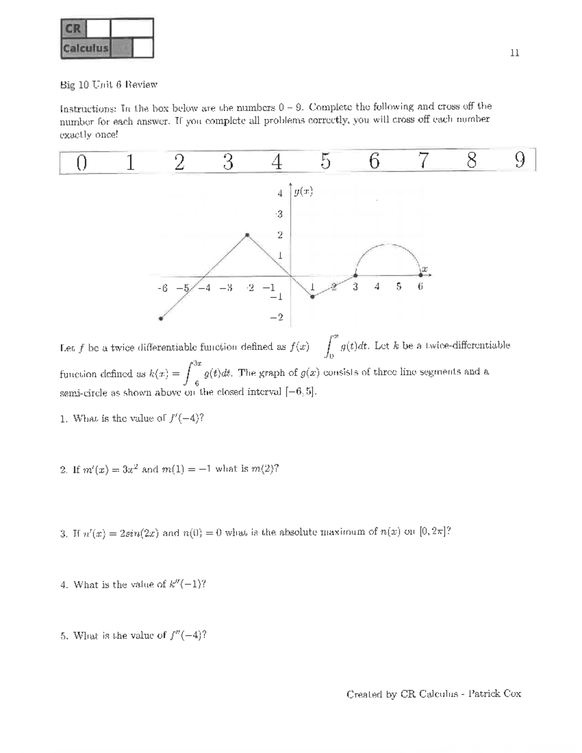 CR Calculus 11 Big 10 Unit 6 Review and Problem Solutions - Studocu