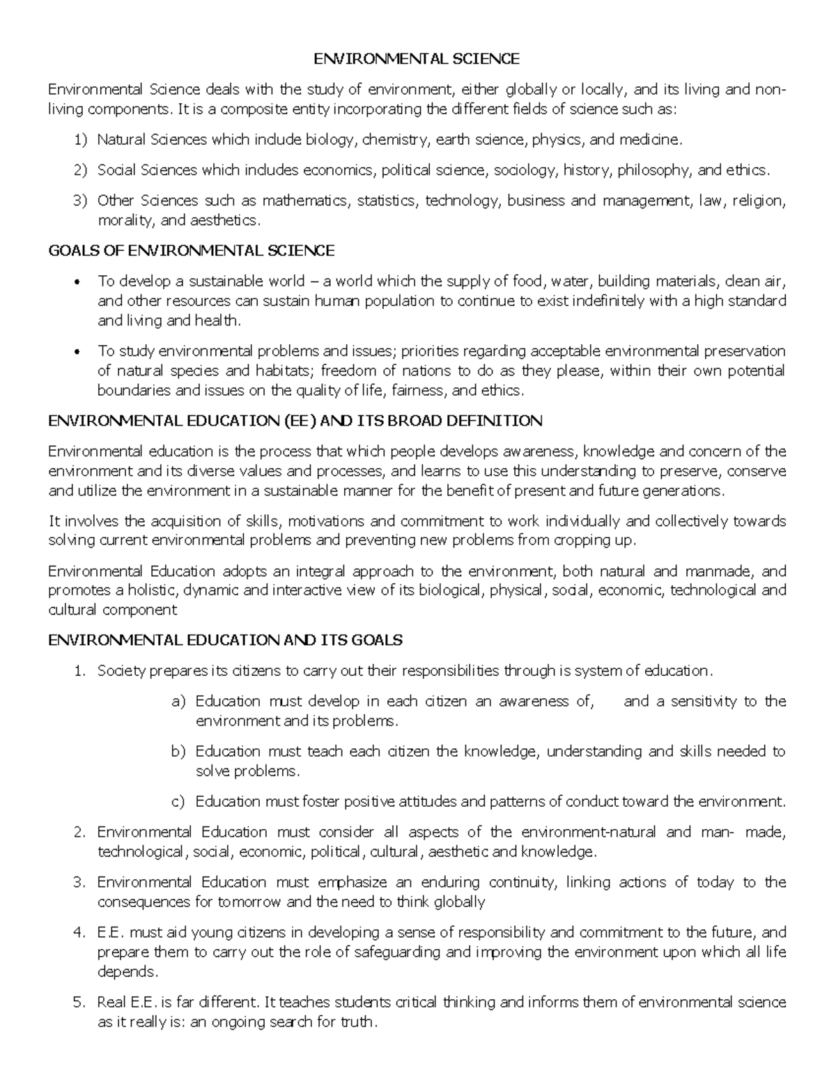 Environmental Science Overview - Course Code: ENV 101 - Studocu
