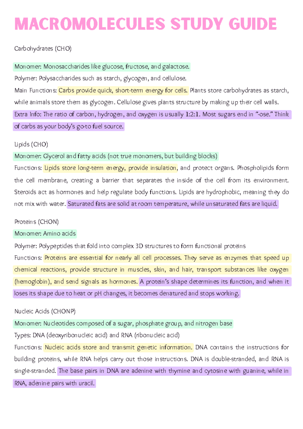 Macromolecules Study Guide: Carbs, Lipids, Proteins, Nucleic Acids ...