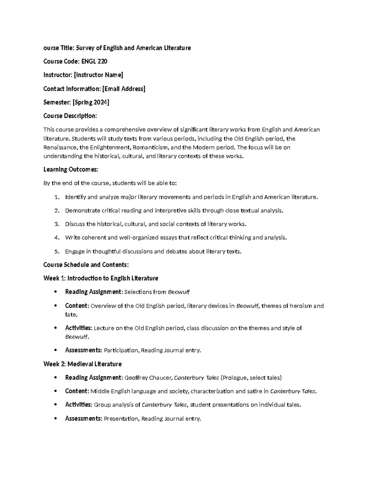 ENGL 220: Week 1 Lecture Notes on Beowulf and Old English Literature ...