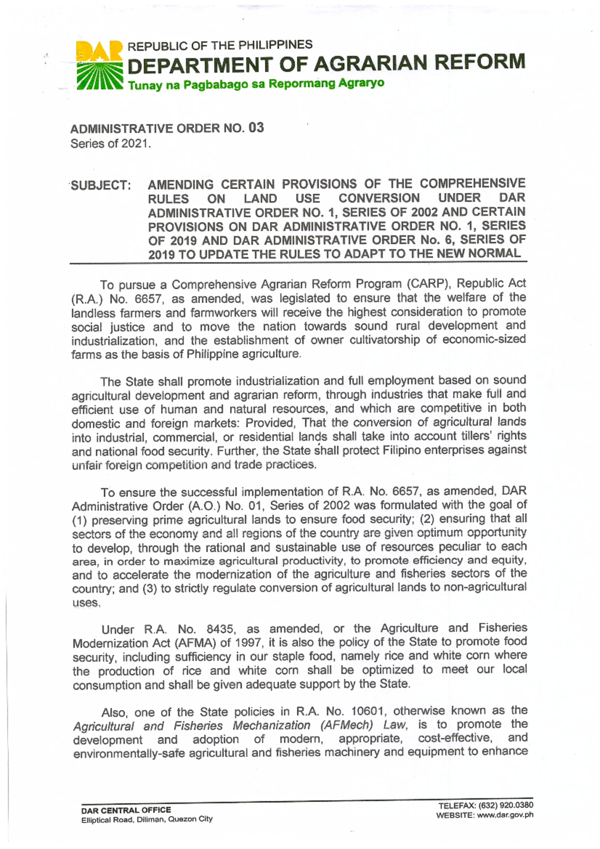 DAR AO 3 Series of 2021: Admin Order on Land Conversion Policies - Studocu