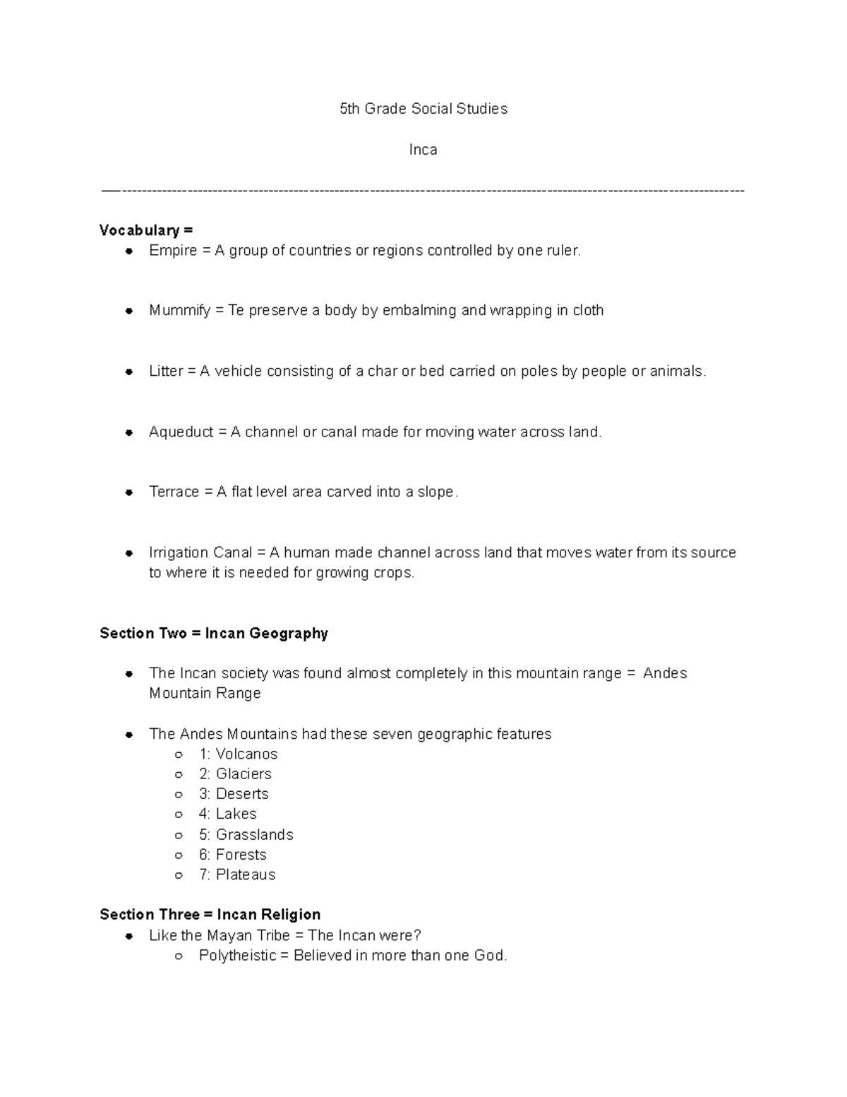5th Grade Social Studies: Inca Civilization Overview - Studocu