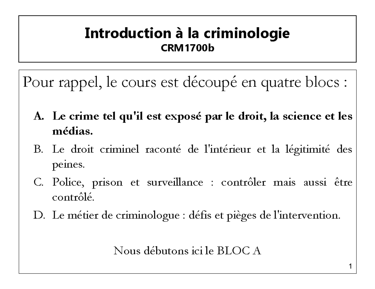 Bloc A : Introduction à la criminologie CRM1700b - Le crime et ses ...