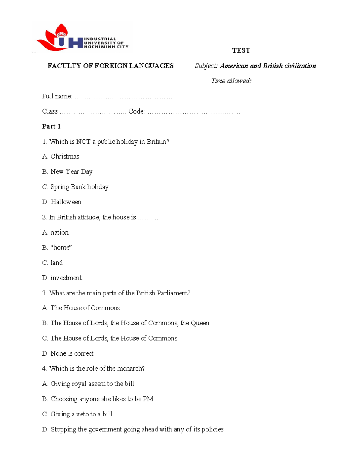 Dnham Final Test-HK1 2023-2024 - TEST FACULTY OF FOREIGN LANGUAGES ...