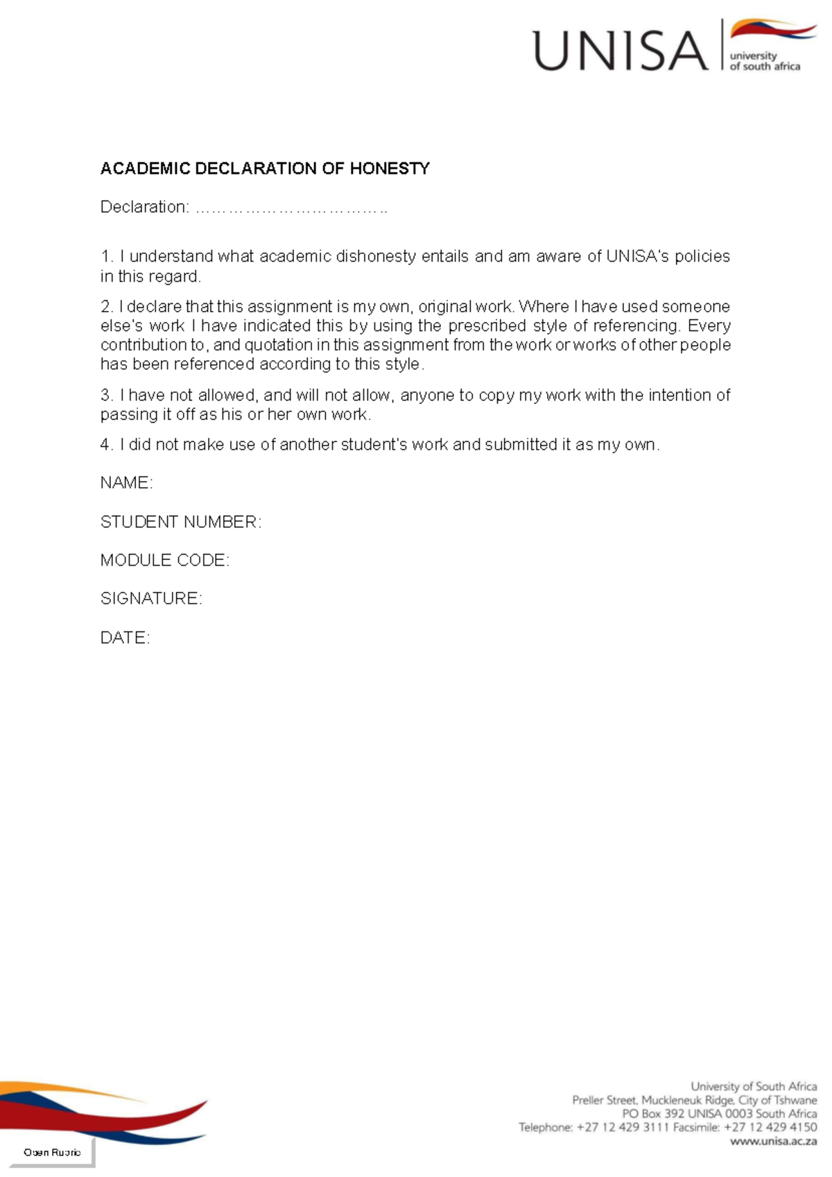 UNISA Academic Declaration of Honesty Form - Studocu