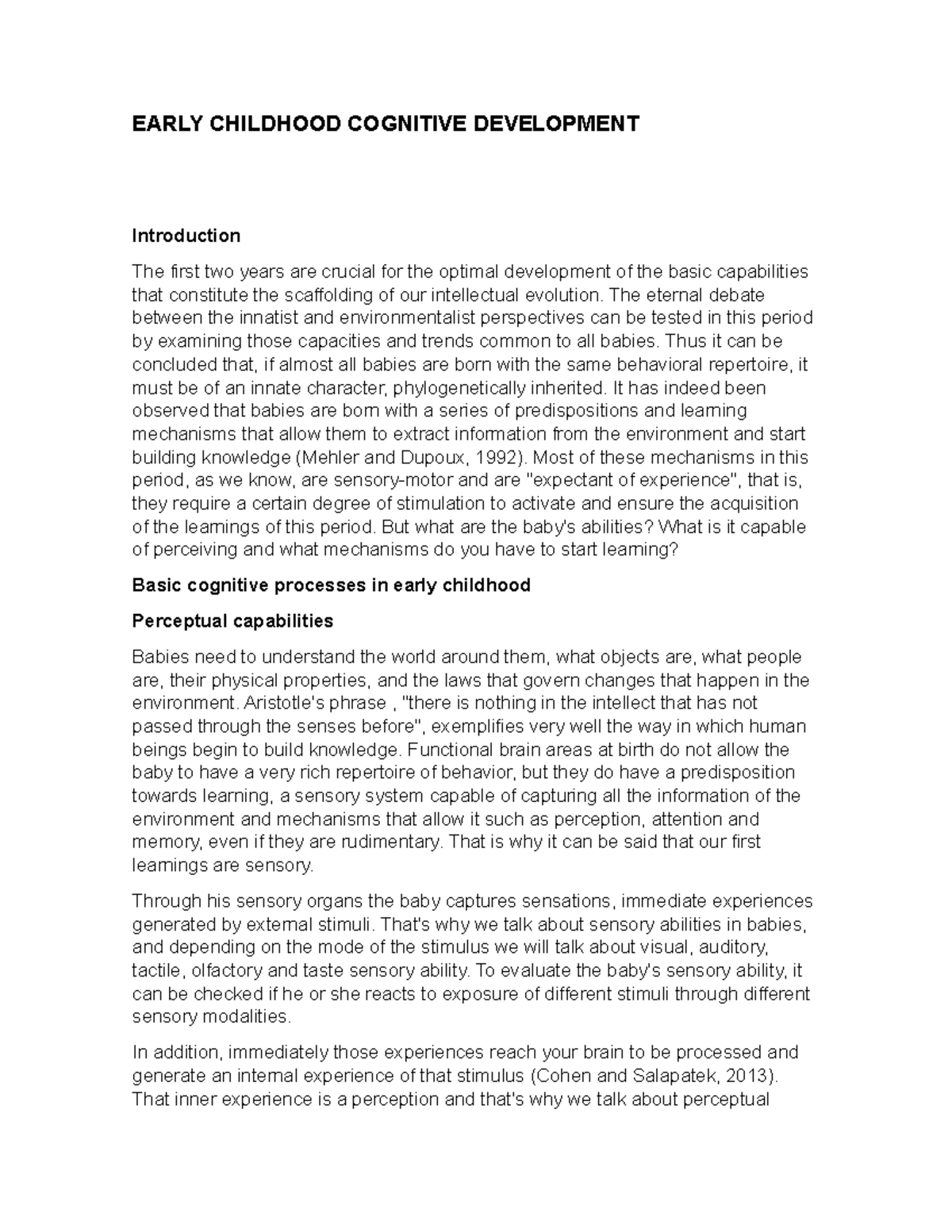 Early childhood cognitive development - EARLY CHILDHOOD COGNITIVE ...